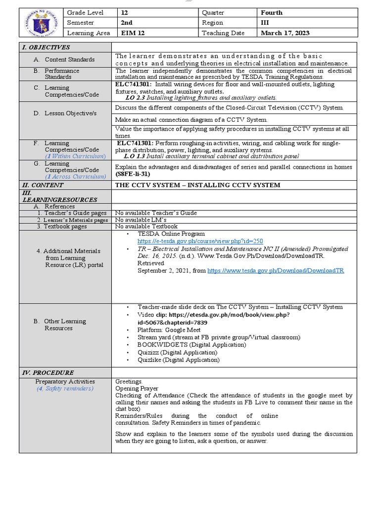 Cot 2 Lesson Plan Eim 12 | PDF | Closed Circuit Television | Learning