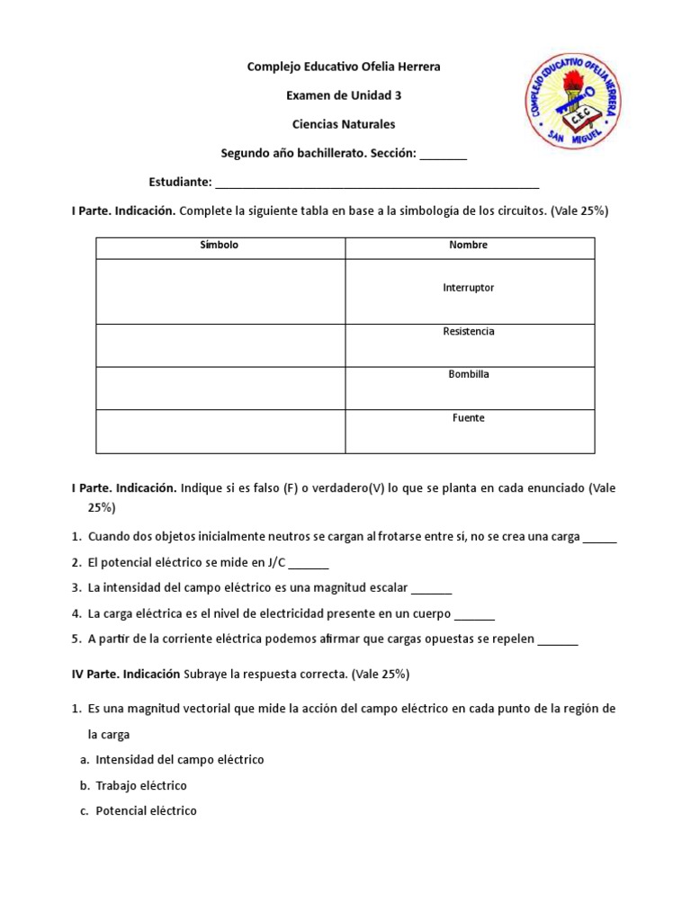 Examen Unidad 3 | PDF | Electricidad | Corriente eléctrica