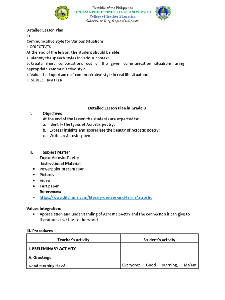 Detailed Lesson Plan in Grade 8 | PDF | Poetry | Writing