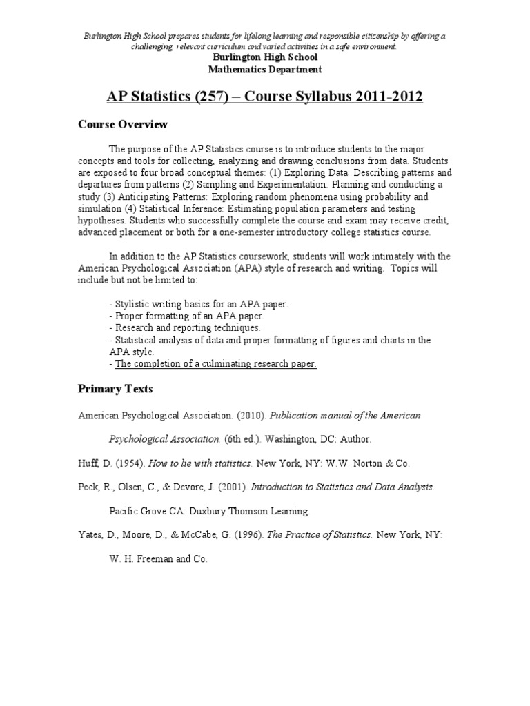 AP Statistics Course Syllabus 2011-2012 | PDF | Statistical Inference ...