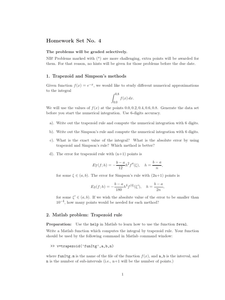 Homework Set No. 4: 1. Trapezoid and Simpson's Methods | PDF | Integral ...