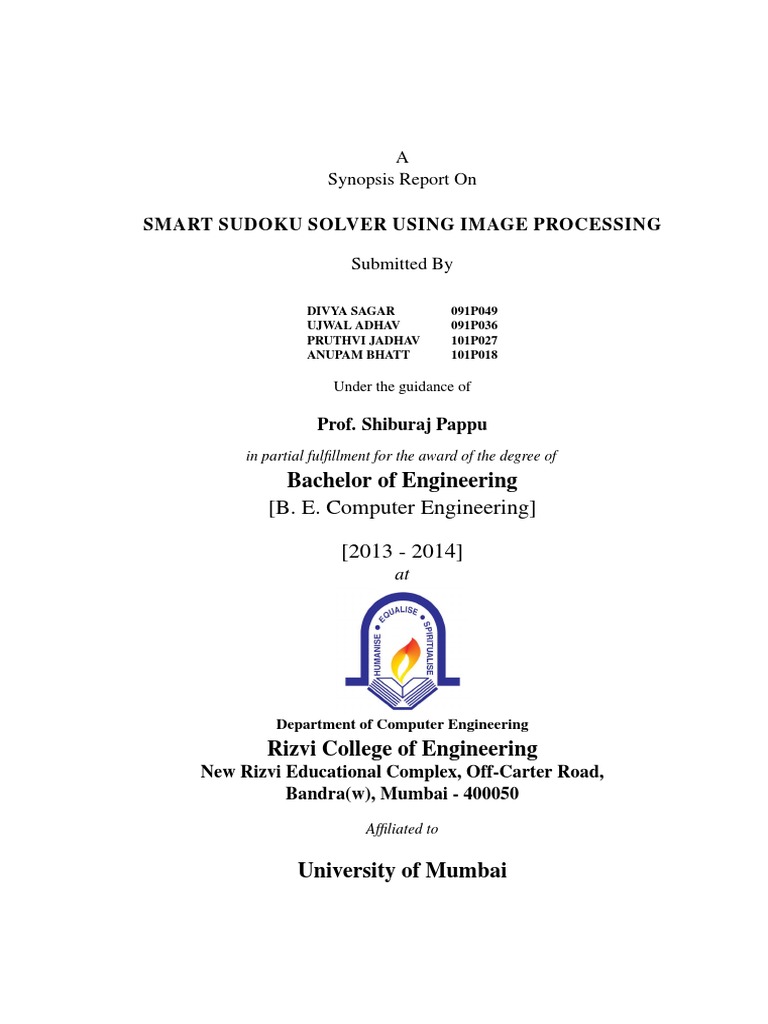 A Synopsis Report On Smart Sudoku Solver Pdf Computer Programming Algorithms 