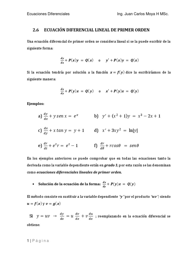 Capitulo 2.6 Ecuacion Diferencial Lineal de Primer Orden | PDF | Ecuaciones | Linealidad