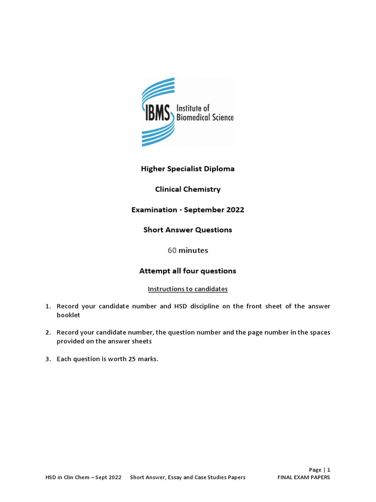 HSD Sept22 Clin Chem Saqs Essay and Case Studies Exam Papers | PDF | Clinical Medicine | Medical ...