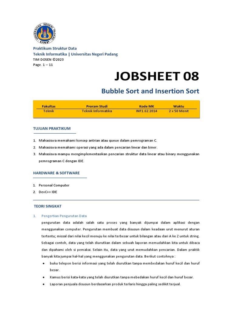 (2023) Job Sheet 8 - Bubble and Insertion Sort | PDF