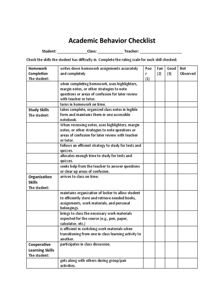 Academic Behavior Checklist | PDF | Motivational | Motivation