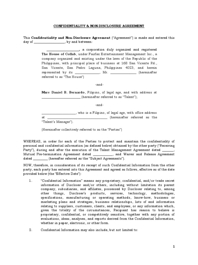 Confidentiality and Non Disclosure Agreement | PDF | Confidentiality | Trade Secret