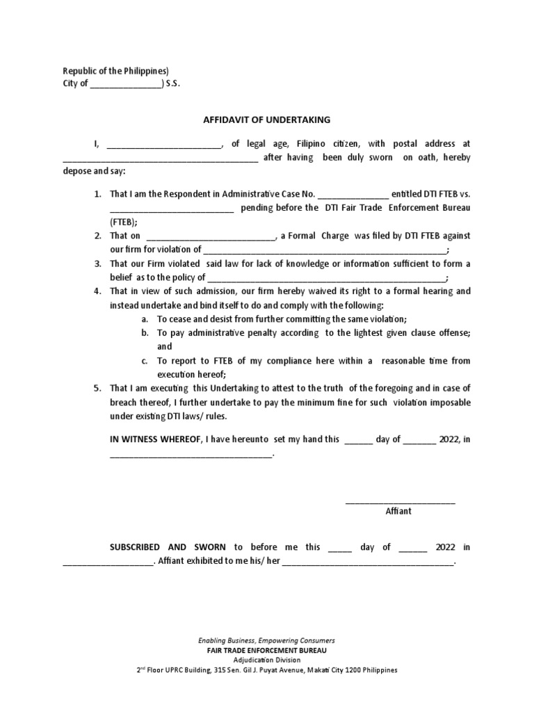 Affidavit of Undertaking - DTI-FTEB | PDF | Affidavit | Common Law