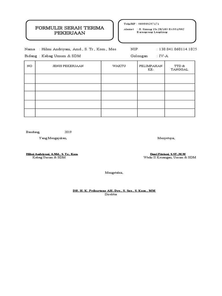 Form Serah Terima Pekerjaan Bu Hilmi | PDF