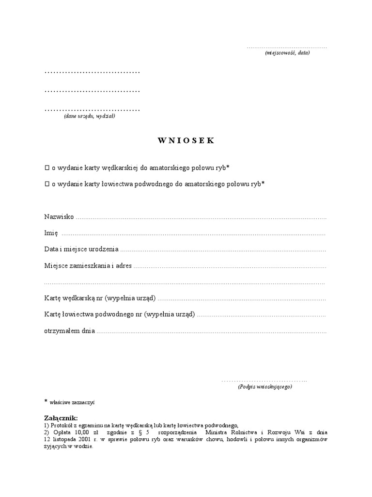 Wzor Wniosku o Wydanie Karty Wedkarskiej Jakiwniosek PL | PDF
