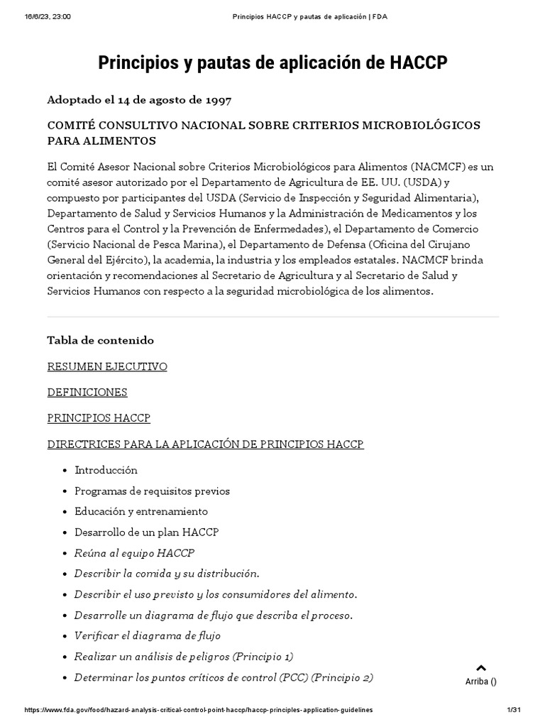 Principios HACCP y Pautas de Aplicación _ FDA | PDF | Análisis de Riesgo y Puntos Críticos de ...