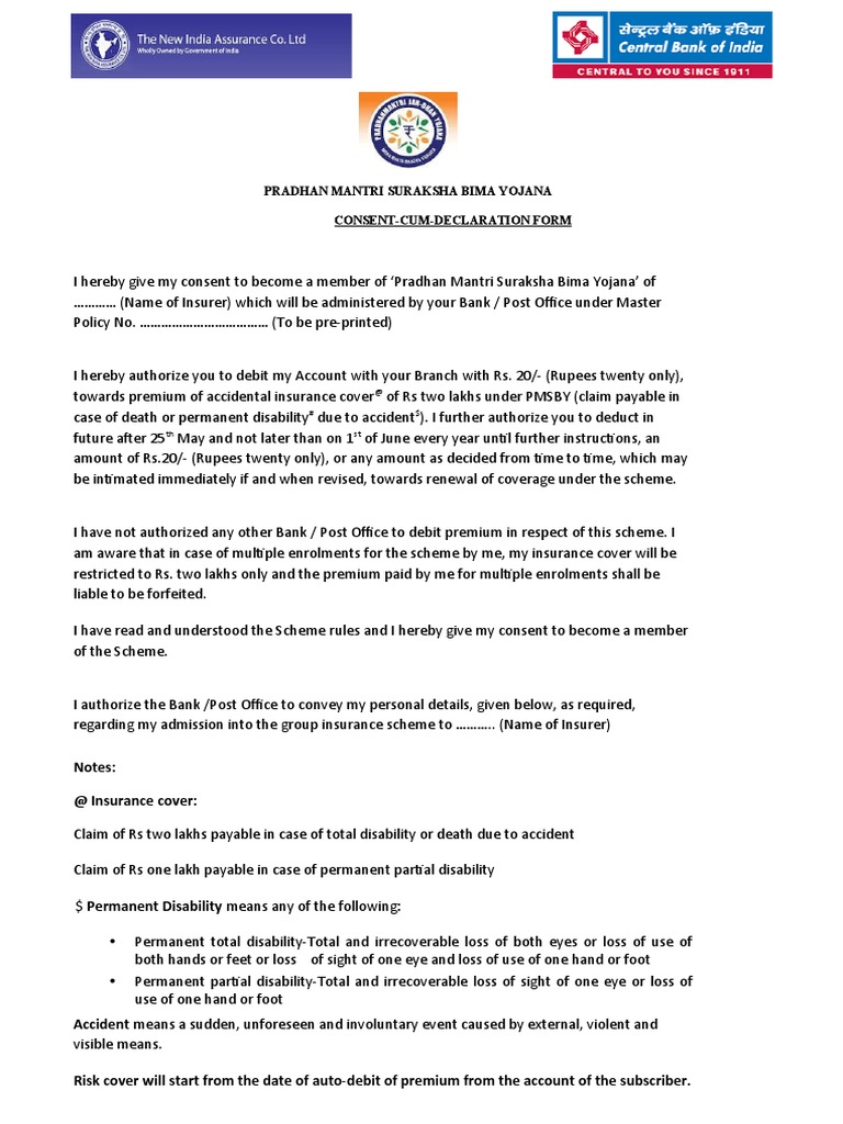 PMSBY Consent Form With Acknowledgement | PDF | Government | Financial ...