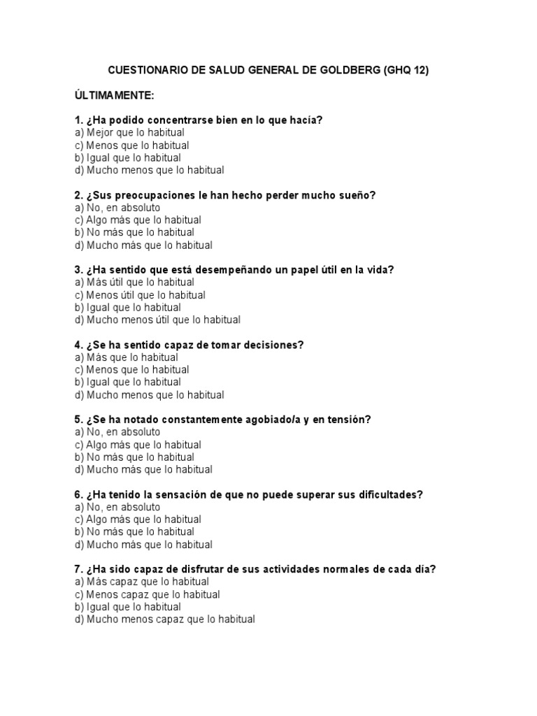 CUESTIONARIO DE SALUD GENERAL DE GOLDBERG | PDF