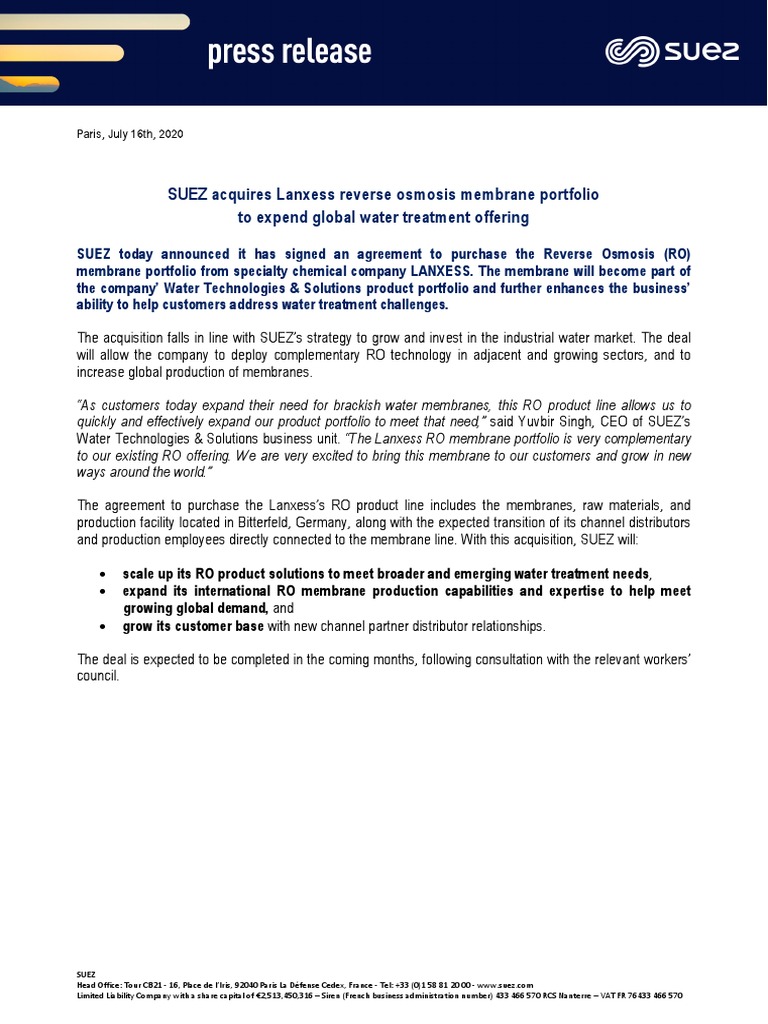 PR SUEZ Acquires Lanxess Reverse Osmosis Membrane Portfolio 2020 07 16 ...