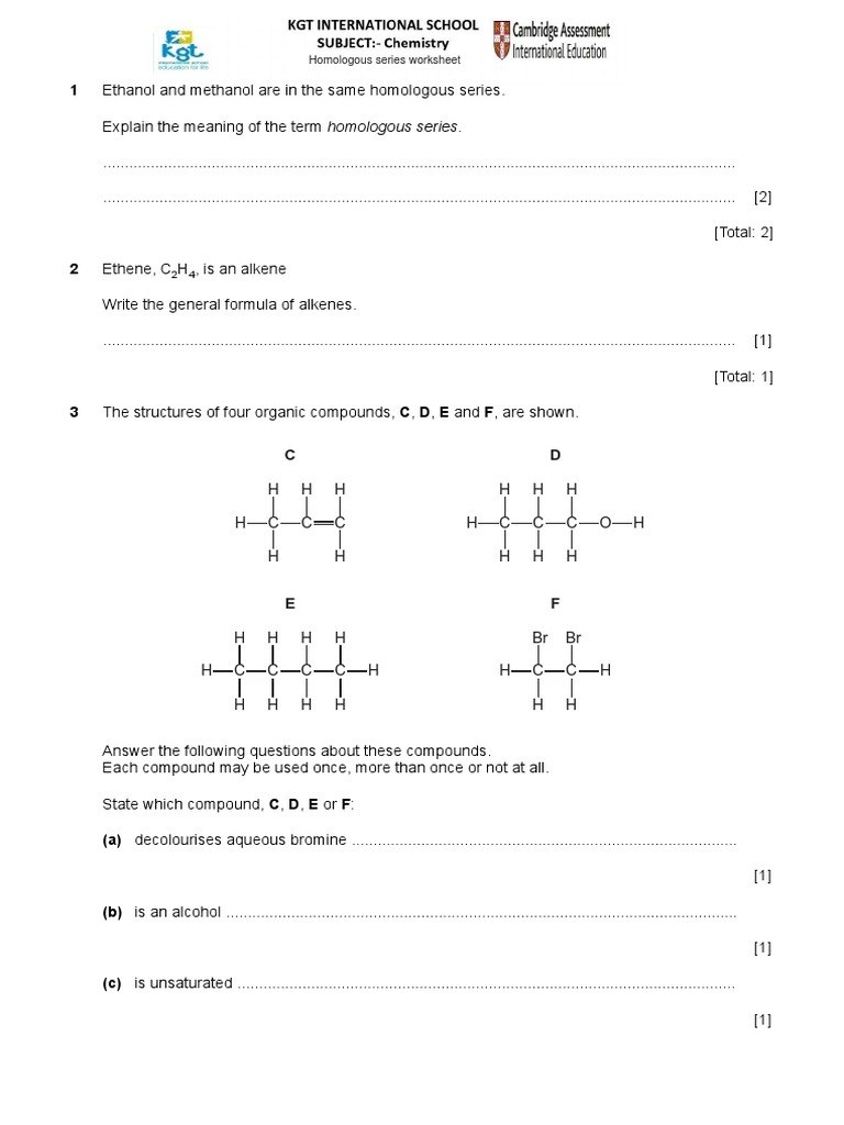 Homologous Series Worksheet | PDF | Ethanol | Alkane