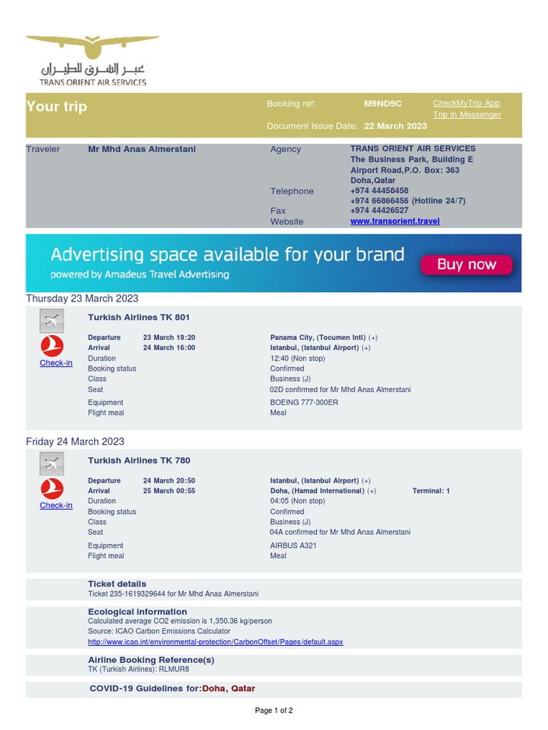 Turkish Airlines Flight Itinerary | PDF | Airlines | Transport