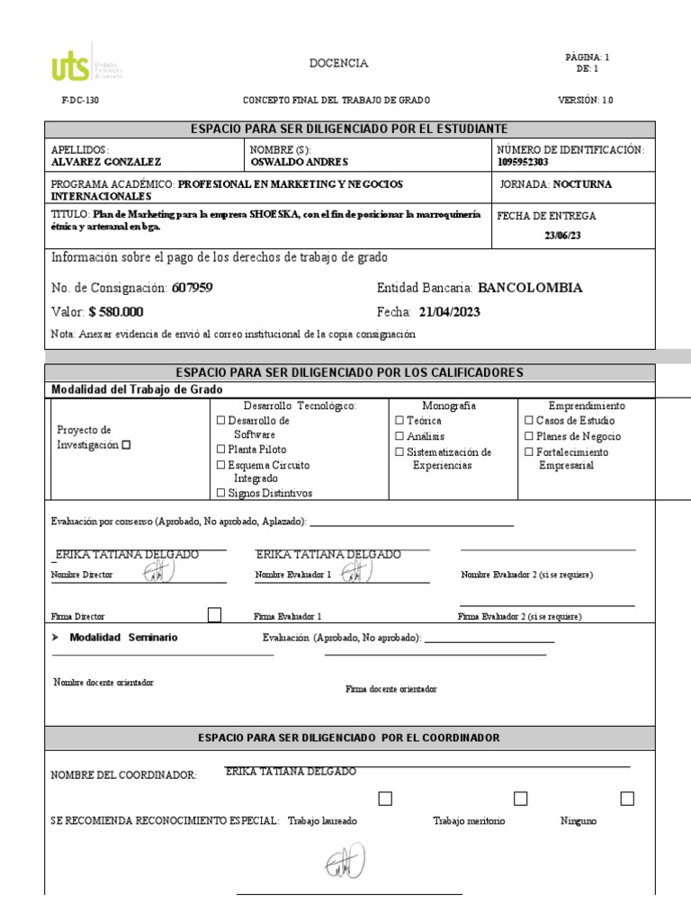 Formato FDC 130 Andres Gonzalez | PDF | Business