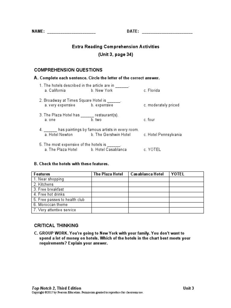 UNIT - 03 - Hotel - Guide - NYC Extra Reading Activity | PDF