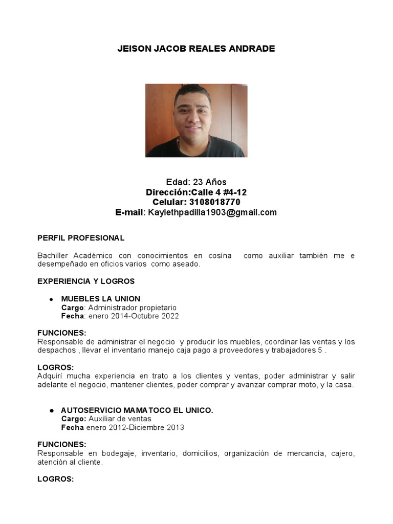 Hoja de Vida Jeison Jacob Reales Andrade | PDF