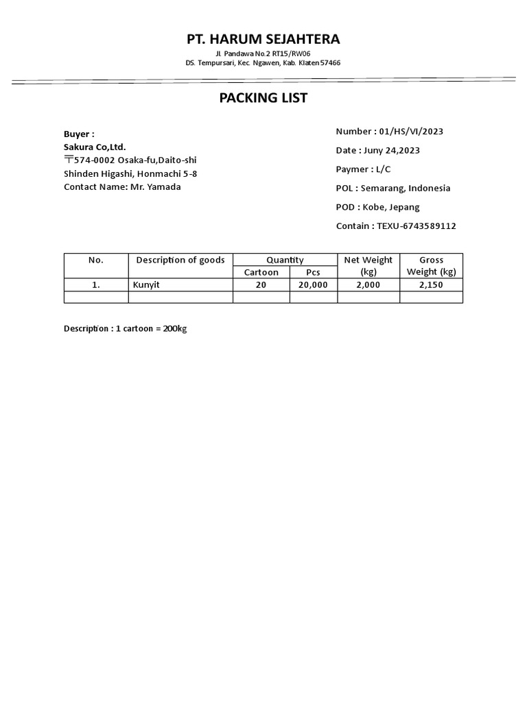 Contoh Packing List | PDF
