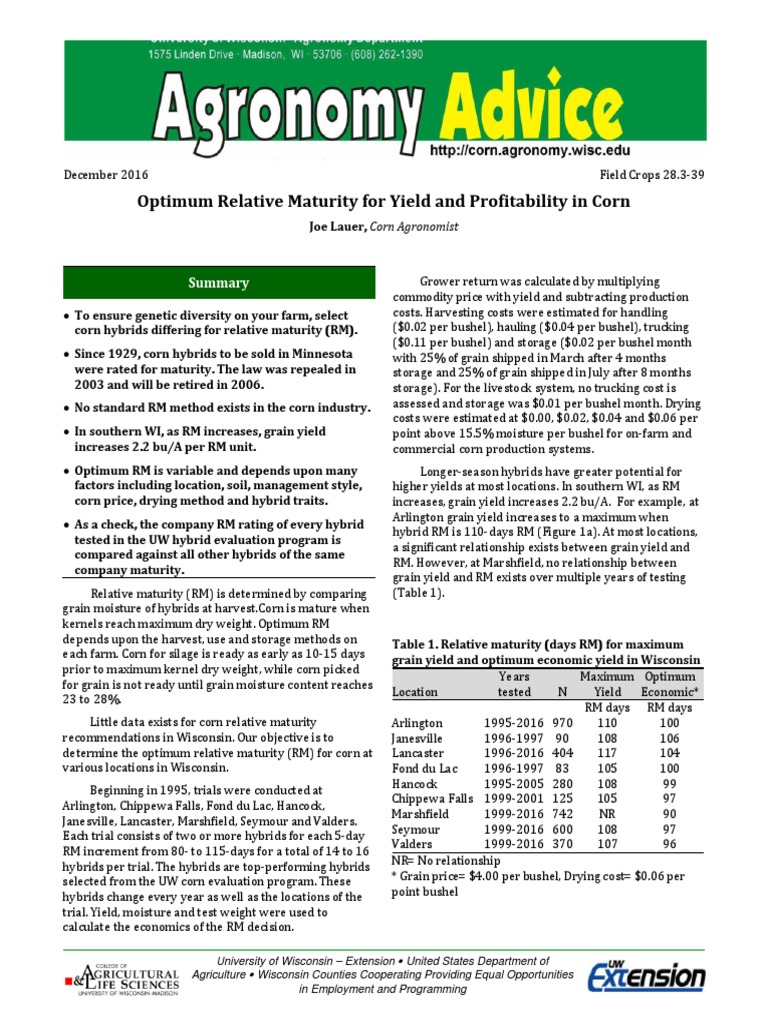 Optimum Relative Maturity For Yield and Profitability in Corn | PDF ...