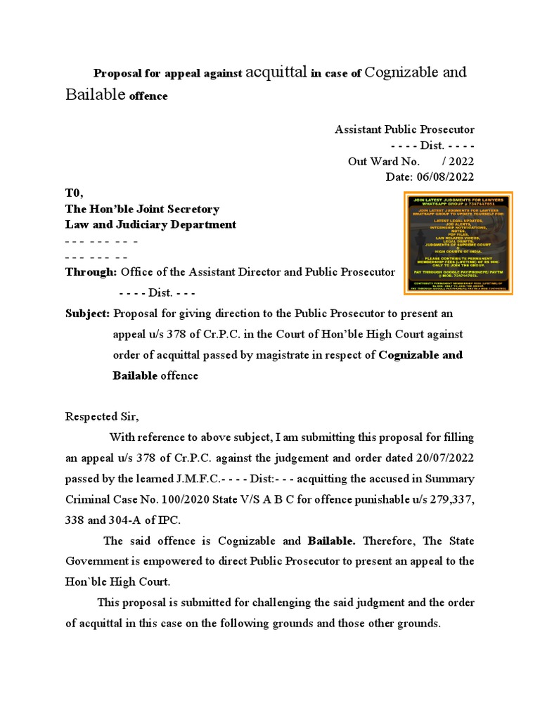 Format of Appeal Proposal in Bailable Offence | PDF | Judgment (Law) | Bail