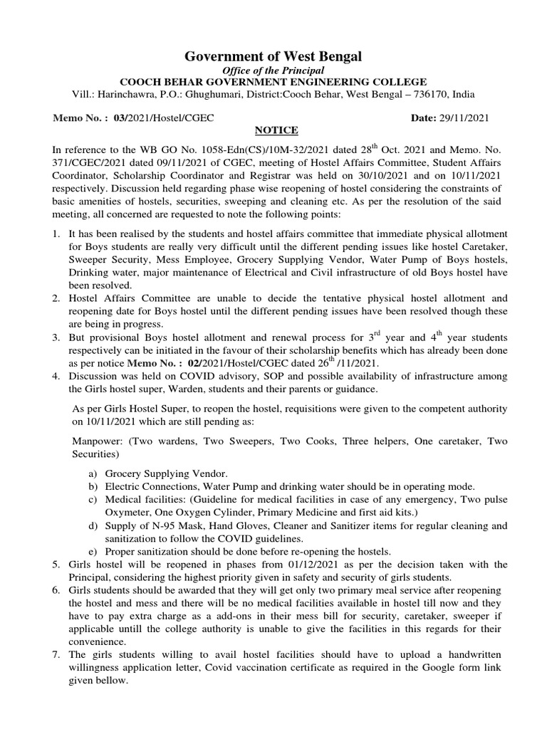 CGEC Hostel Reopen Notice 2021 | PDF