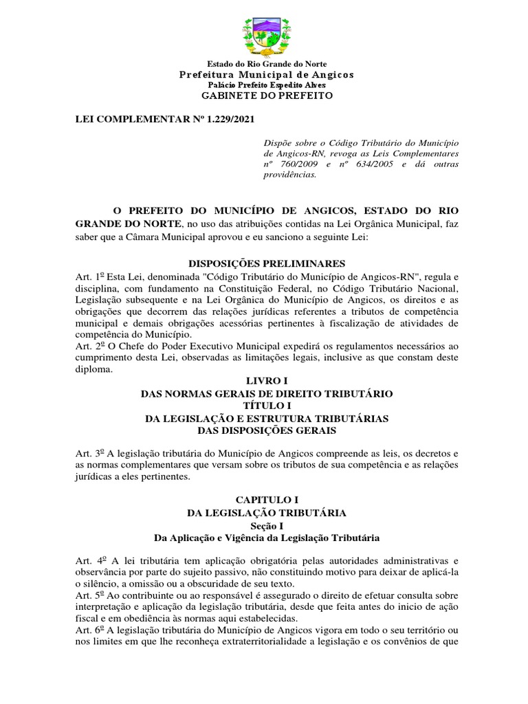 Lei N 1.229 - 2021 - Lei Complementar Cdigo Tributrio | PDF | Taxa de crédito | Princípios éticos
