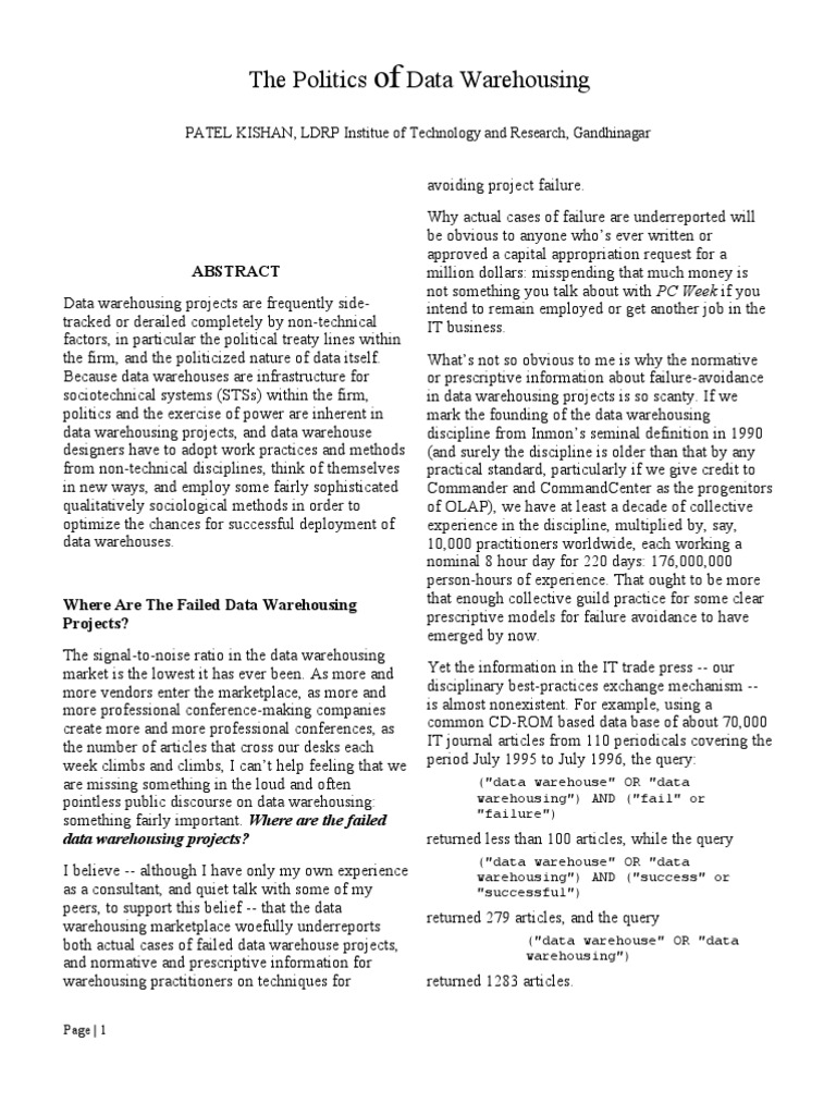 Politics Behind Data Warehouse Failures | PDF | Data Warehouse | Warehouse