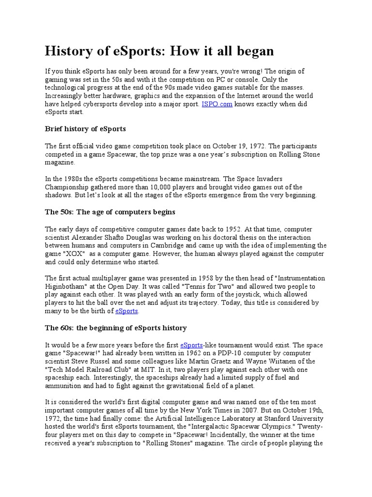 History of Esports How It All Began - Reading B2 English | PDF | Video ...