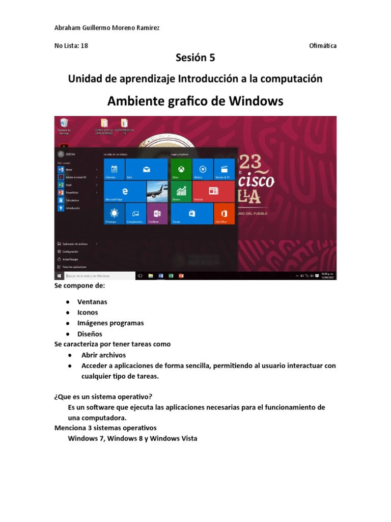 Ambiente Grafico de Windows ACT NO 1 Ofimatica 120623 | PDF | Archivo de computadora | Microsoft ...