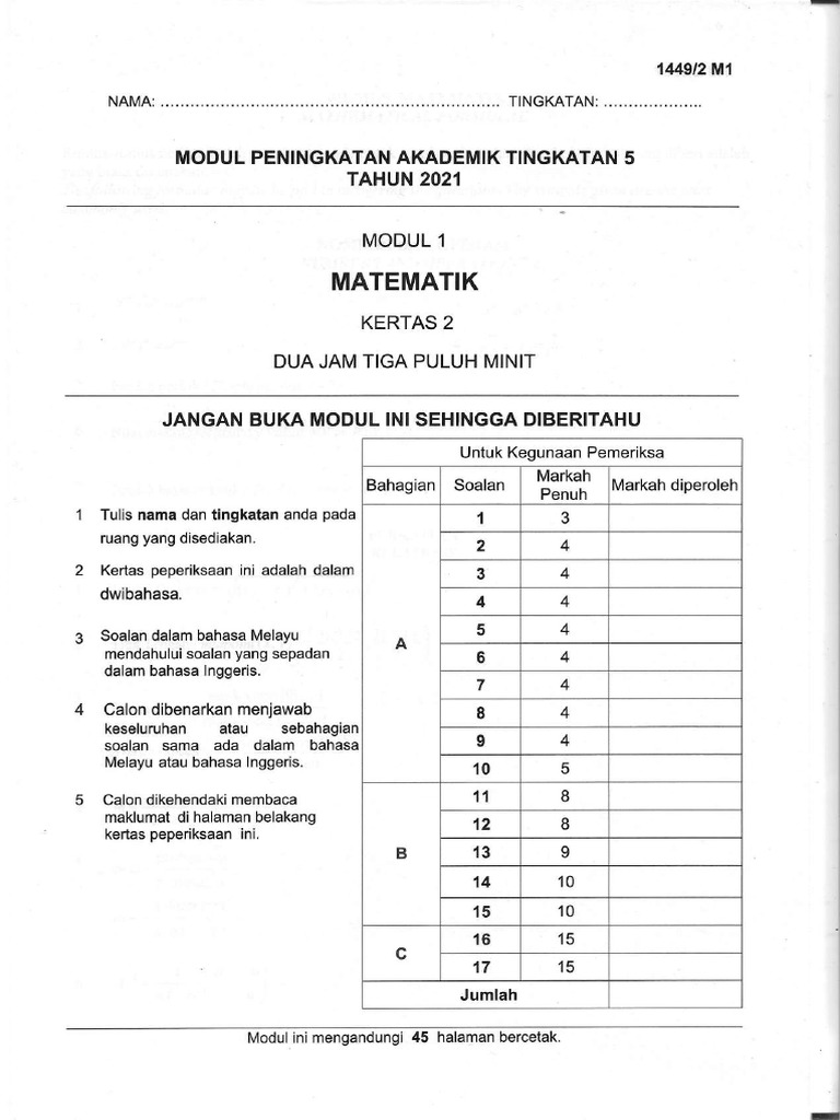 2021 Kedah_MPSM Math K2 Set 1 | PDF