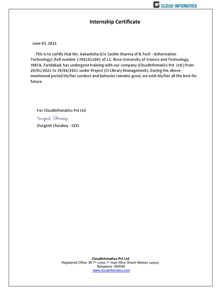 Internship Certificate: Registered Office: #8 7 Cross 1 Main Rifco Shanti Niketan Layout ...