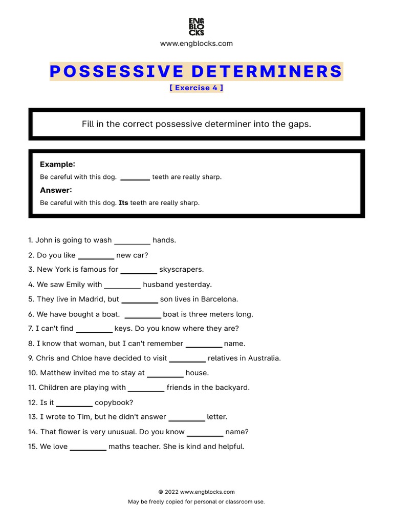 Possessive Determiners Worksheet Answers | PDF | Language Arts & Discipline