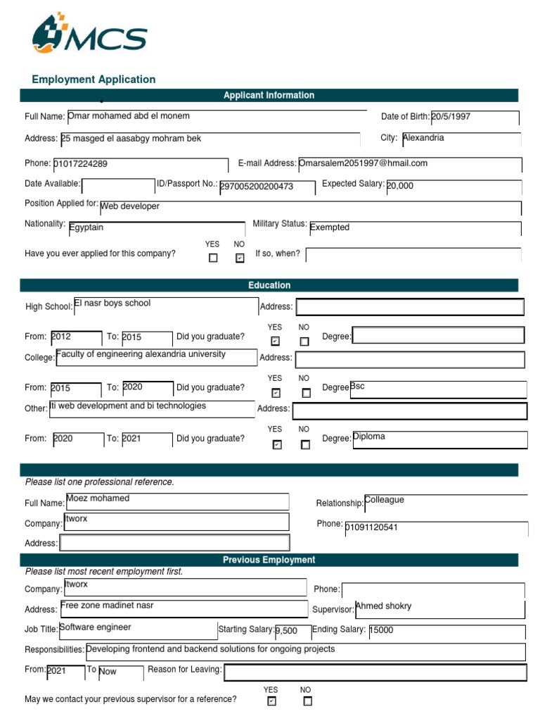 Employment Application MCS | PDF | Computing