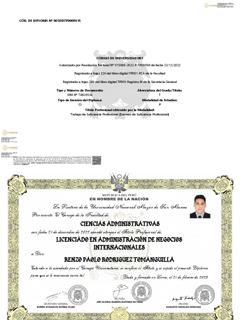 Diploma de Título Profesional #001ddtp0009315-Unmsm | PDF