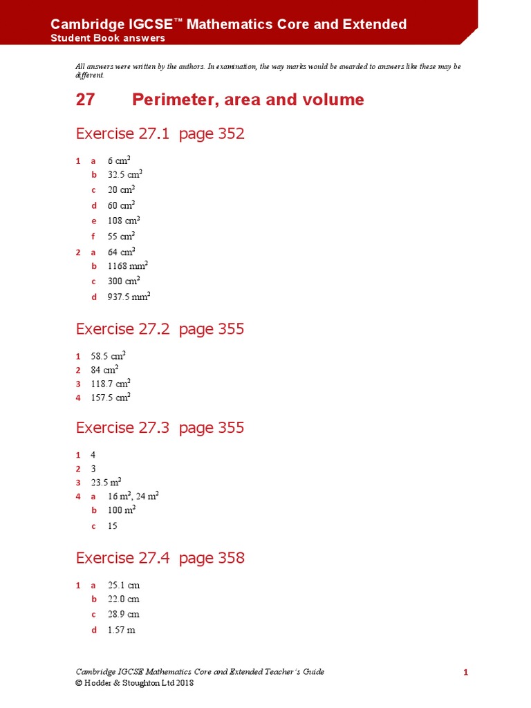 Ch-27 Perimeter Area and Volume (Answers) | PDF | Student Assessment ...