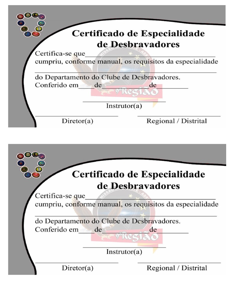 Certificado de Especialidades - Desbravadores 9 Regiao | PDF