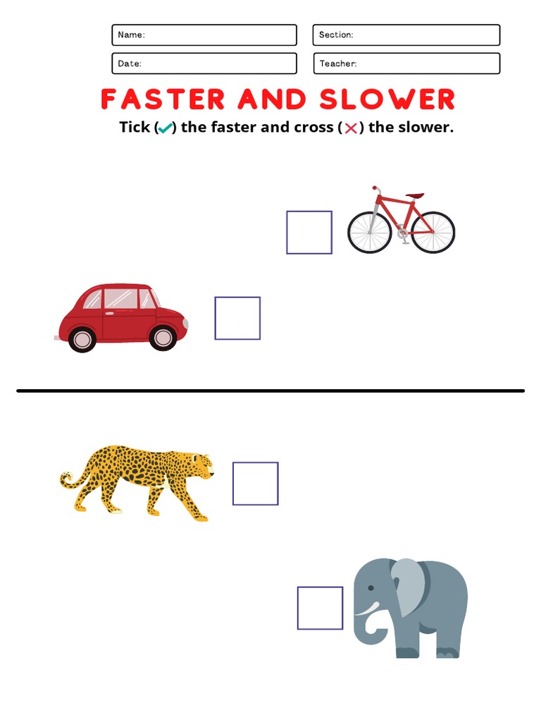 Faster & Slower Worksheets | PDF