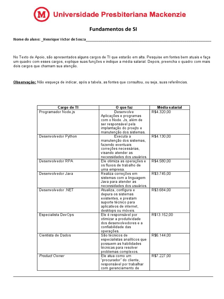 Tabela - Aplicando Conhecimento - Aula 1 | Download grátis PDF ...