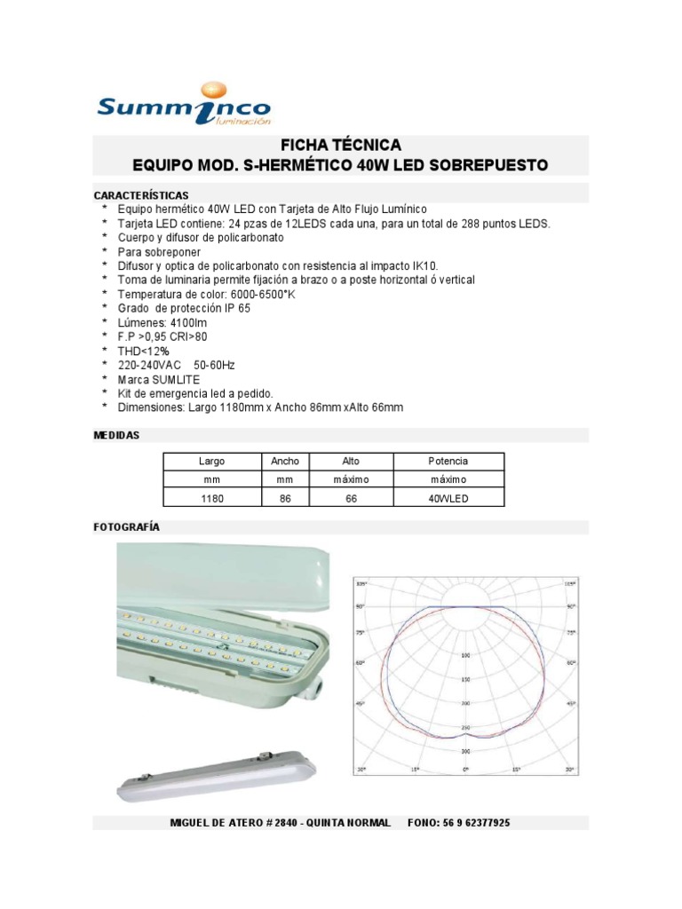 Ficha Técnica-Equipo Mod. Si-Hermético 40W Led Sobrepuesto | PDF
