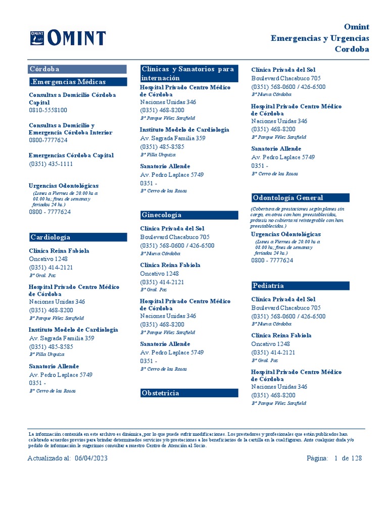 Cartilla Omint CORDOBA | Descargar gratis PDF | Hospital | Medicina