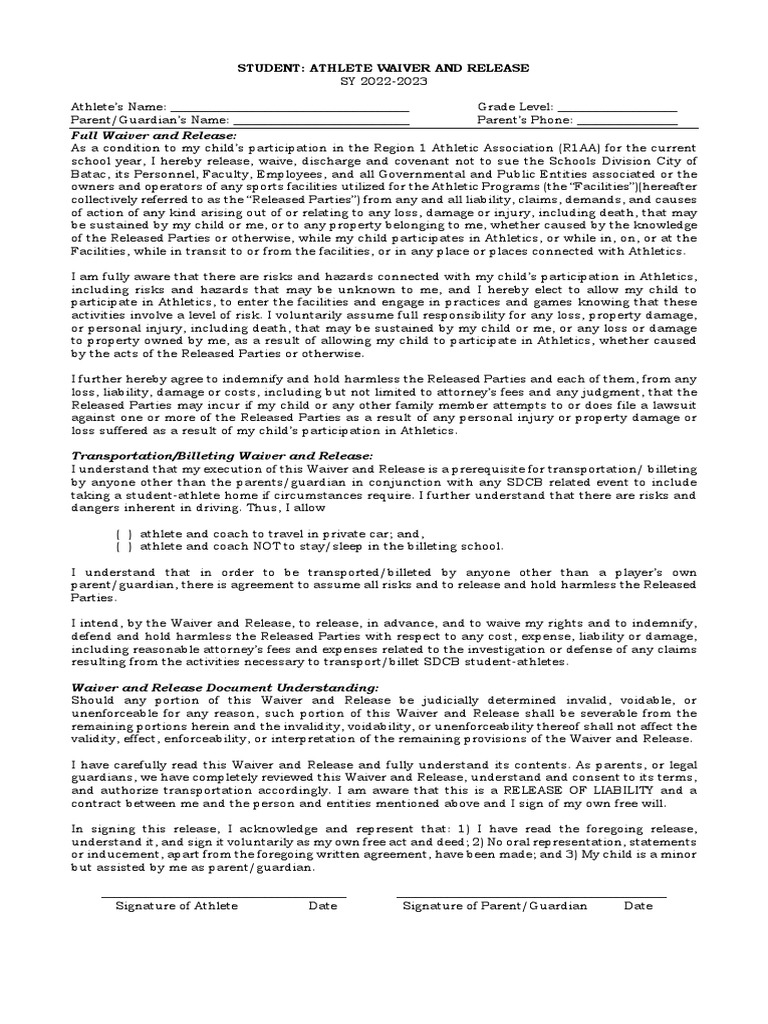 R1AA Transportation Billeting Waiver 2 Categories | PDF | Indemnity ...