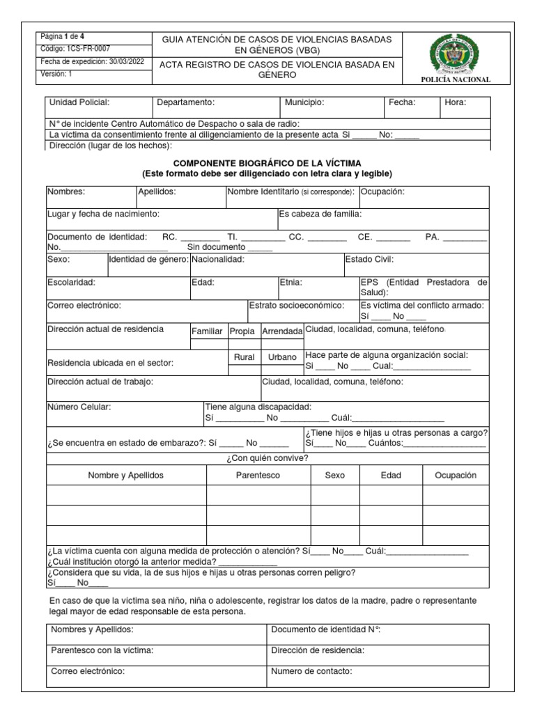 1CS-FR-0007 Acta de Registro de Casos de Violencia Basada en Género 30032022 | PDF | La ...