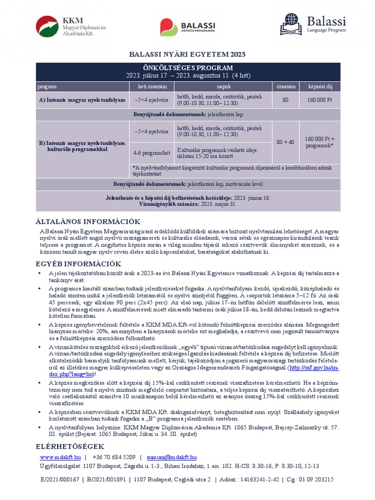 Balassi Nyári Egyetem 2023 - Információk - Information | PDF