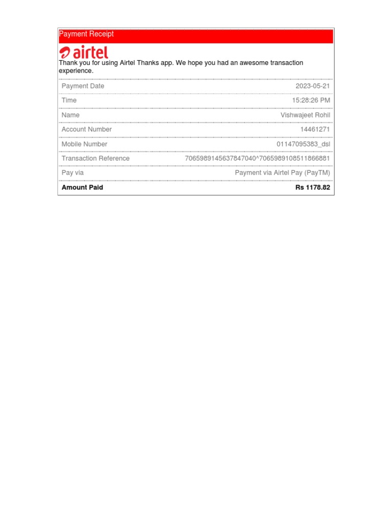 Payment Receipt: Thank You For Using Airtel Thanks App. We Hope You Had An Awesome Transaction ...