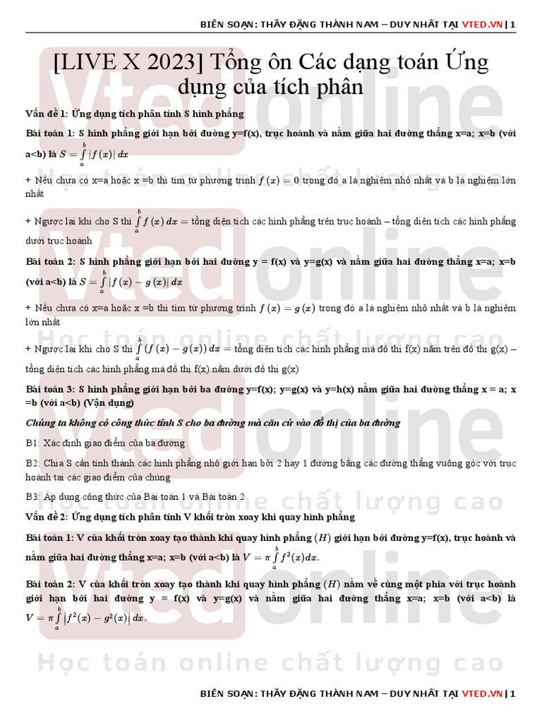 (LIVE X 2023) T NG Ôn Các D NG Toán NG D NG C A Tích Phân | PDF