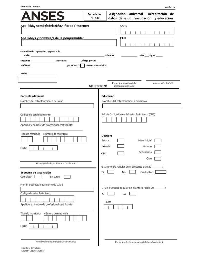 Formulario Libreta 1.47 Asignacion Universal | PDF | Certificado de nacimiento | Adopción