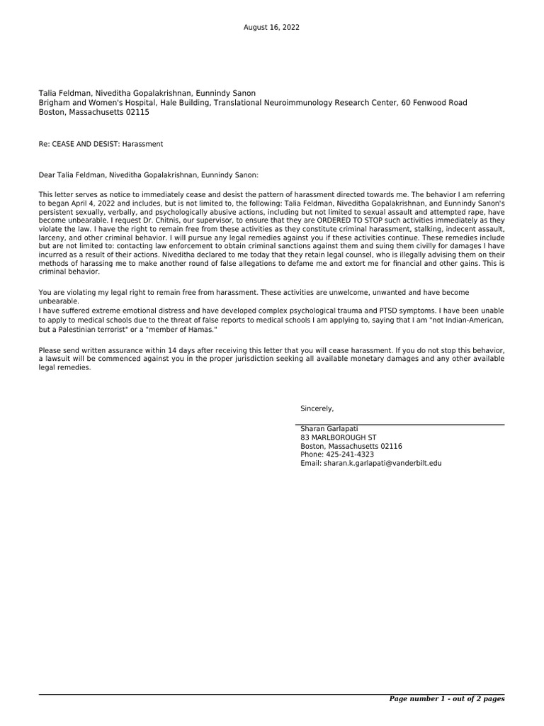 Harassment Cease and Desist Letter - 05-08-2023 | PDF | Lawsuit ... Harassment Cease and Desist Letter - 05-08-2023 | PDF | Lawsuit ...