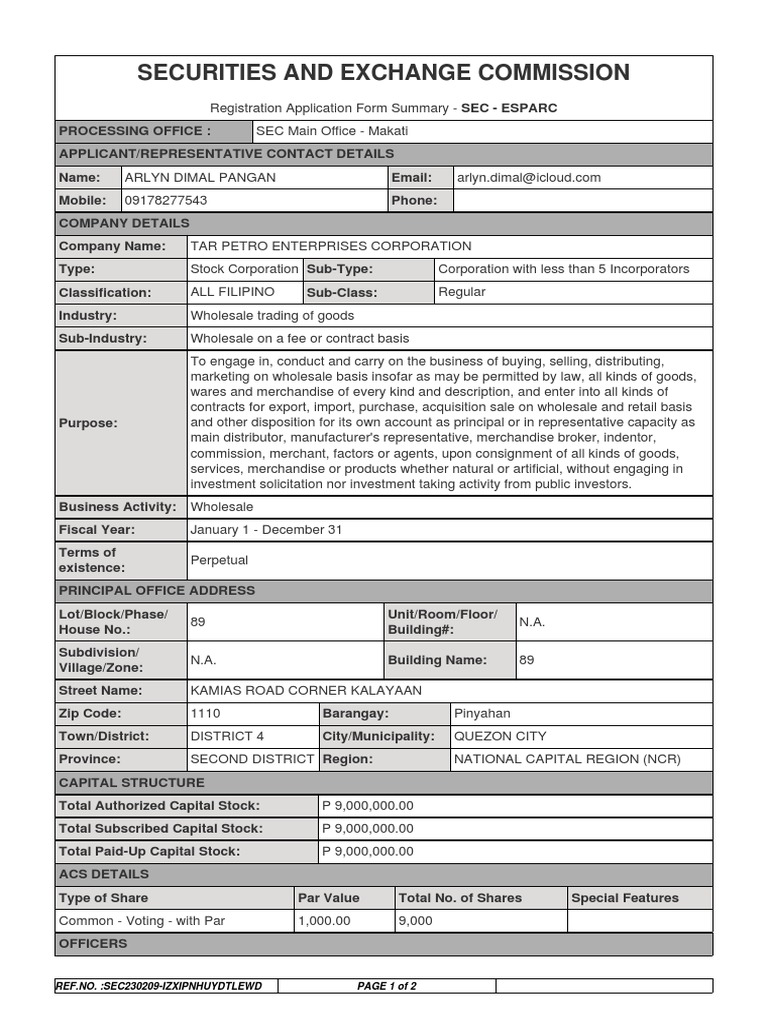 Application Summary Form | PDF | U.S. Securities And Exchange ...